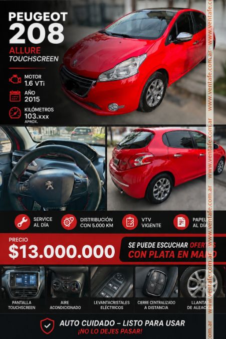 Se vende 208 Allure Touchscreen 1.6 VTI año 2015